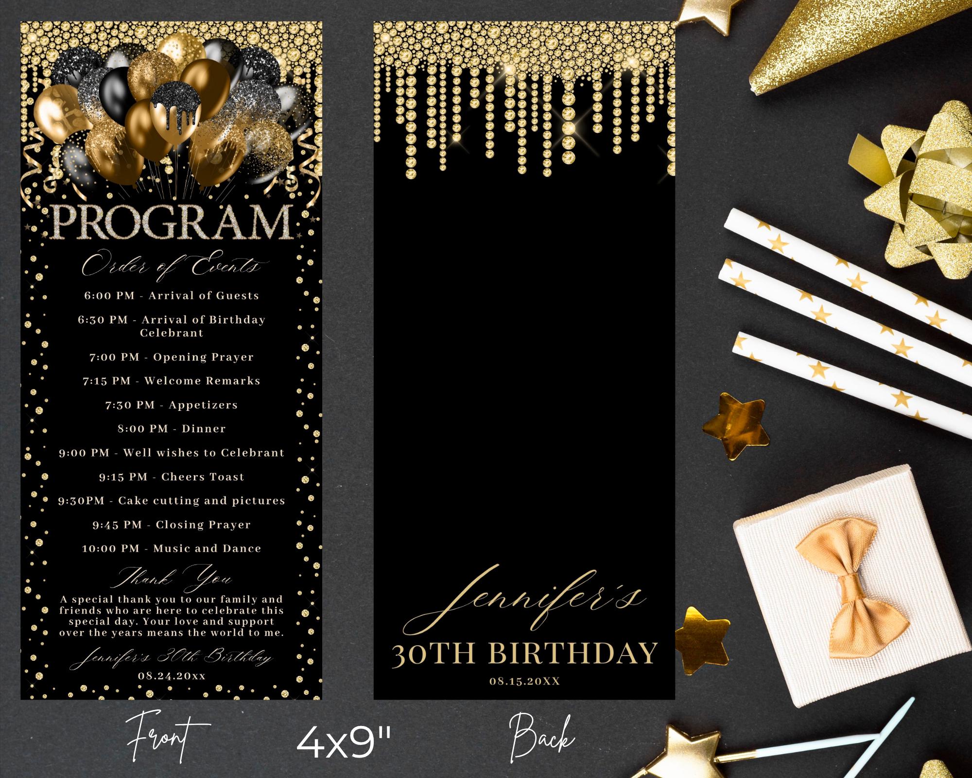 Editable Glam Black Gold Glitter Balloons Diamond Program and Thank You ...