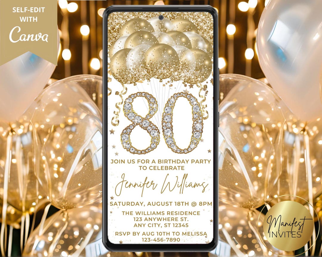 Digital 80th Birthday Party Invitation, Elegant Diamond White Gold ...