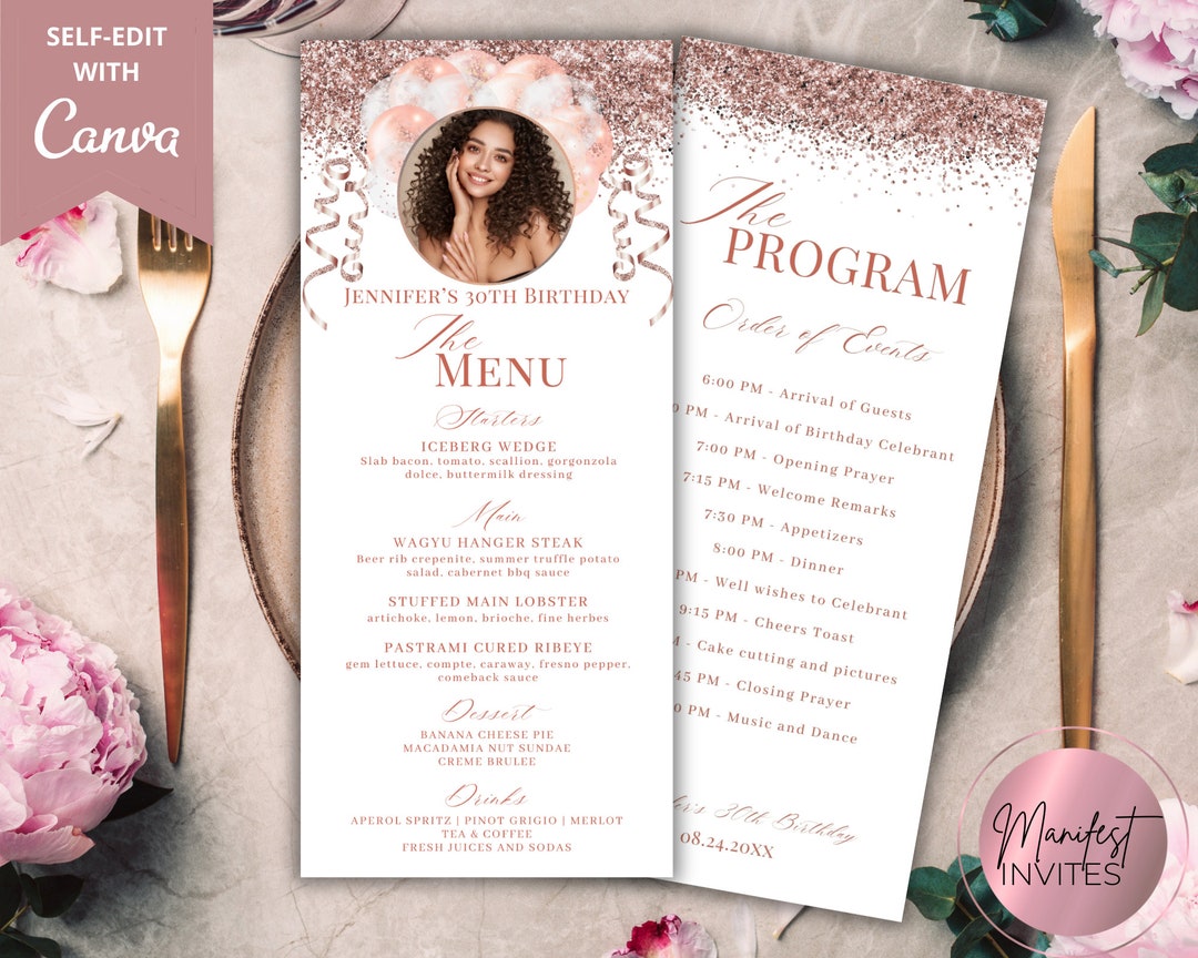 Editable Picture Pink Rose Gold Glitter Balloons Menu and Program Card ...