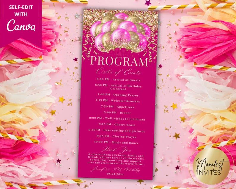 Editable Elegant Pink Gold Glitter Balloons Program and Thank You Card ...