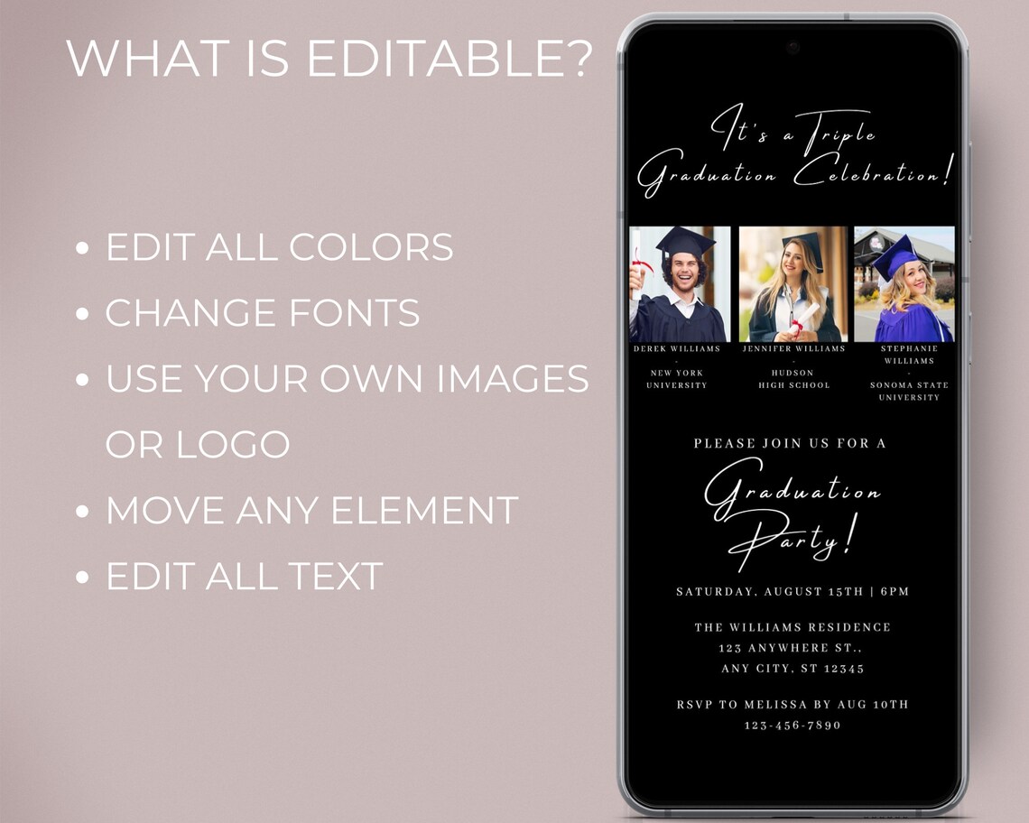 Digital Triple Graduation Invitation Electronic Grad Party | Etsy