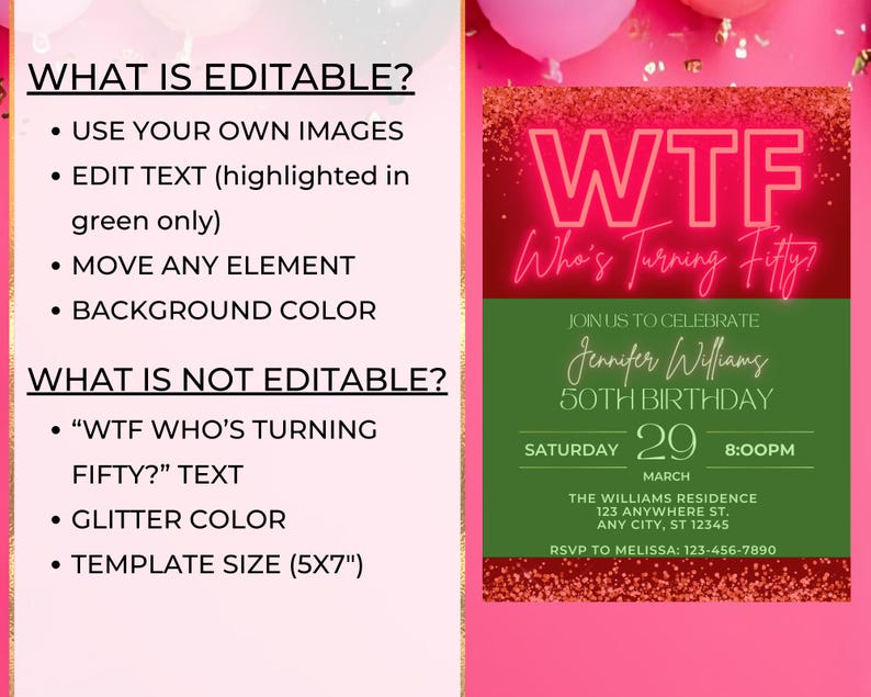 Editable WTF Who's Turning Fifty 50th Birthday Party Invitation ...
