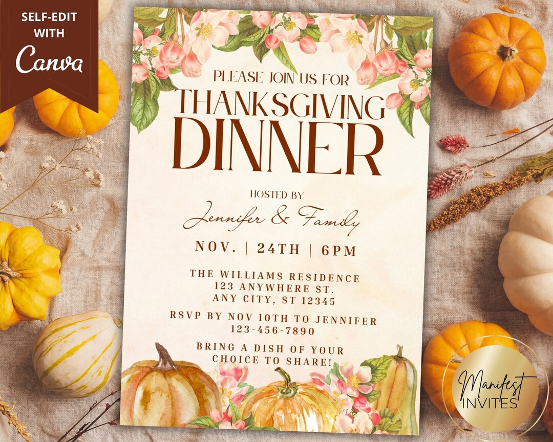 Editable Rustic Thanksgiving Gathering Fall Dinner Party Invitation ...