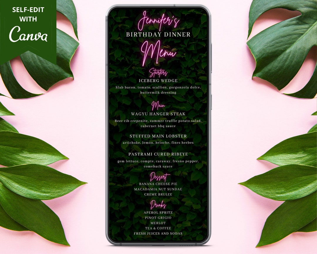 Digital Birthday Dinner Menu Ecard, Electronic Dinner and Drink Menu ...