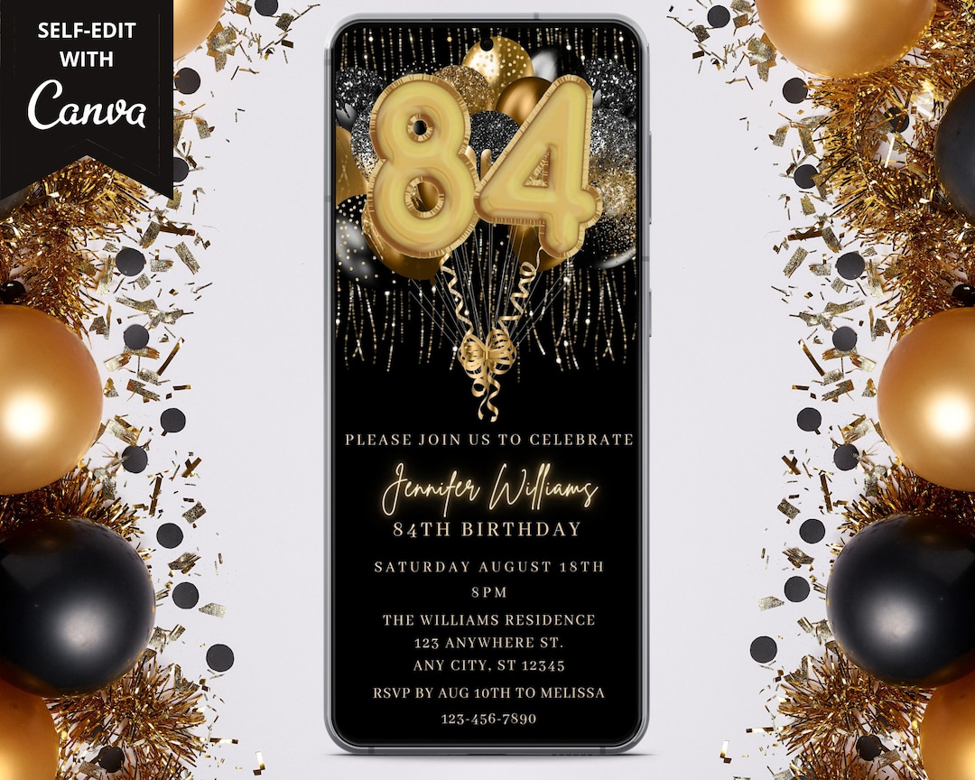 84th Birthday Party Digital Invitation, Electronic 84th Birthday ...