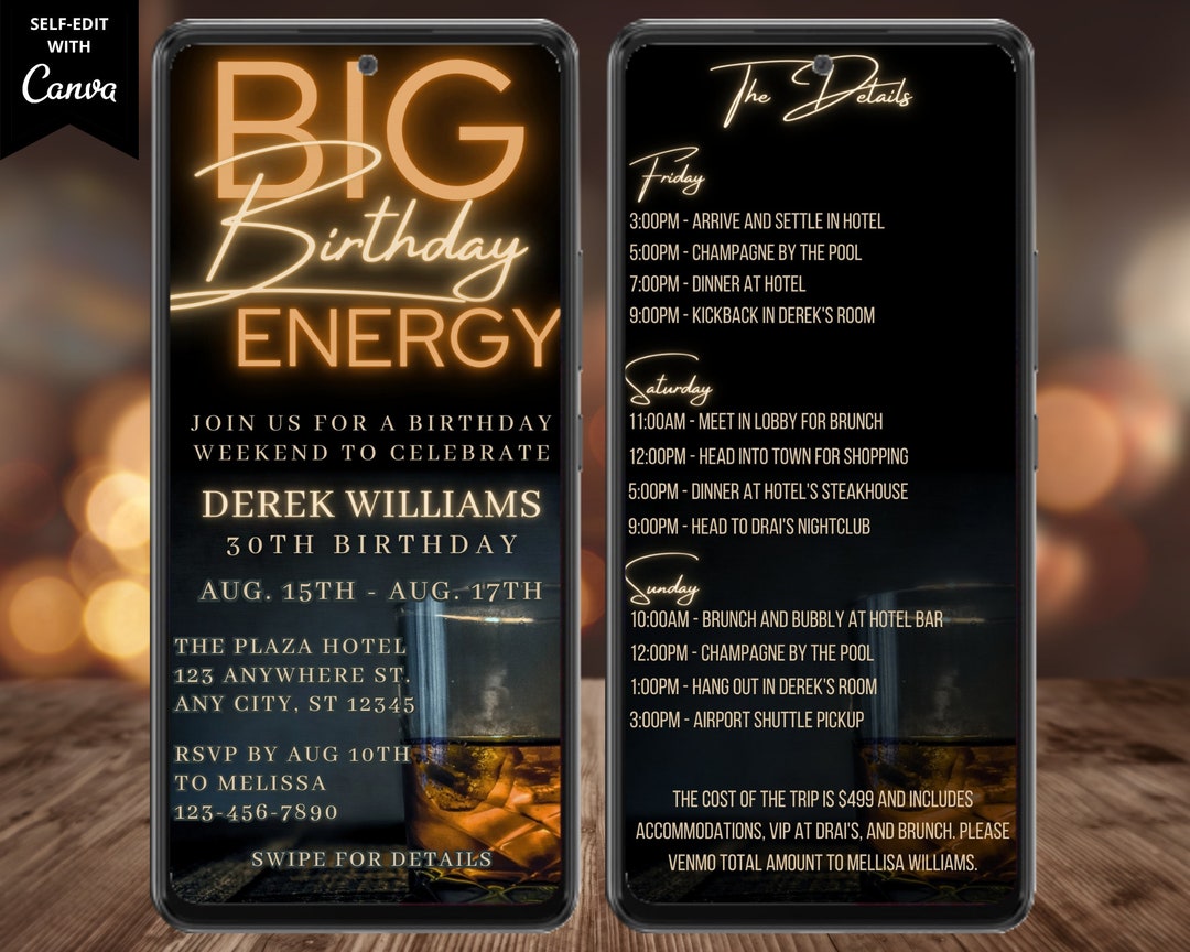Digital Men's Birthday Getaway Weekend Whiskey Itinerary Invitation ...