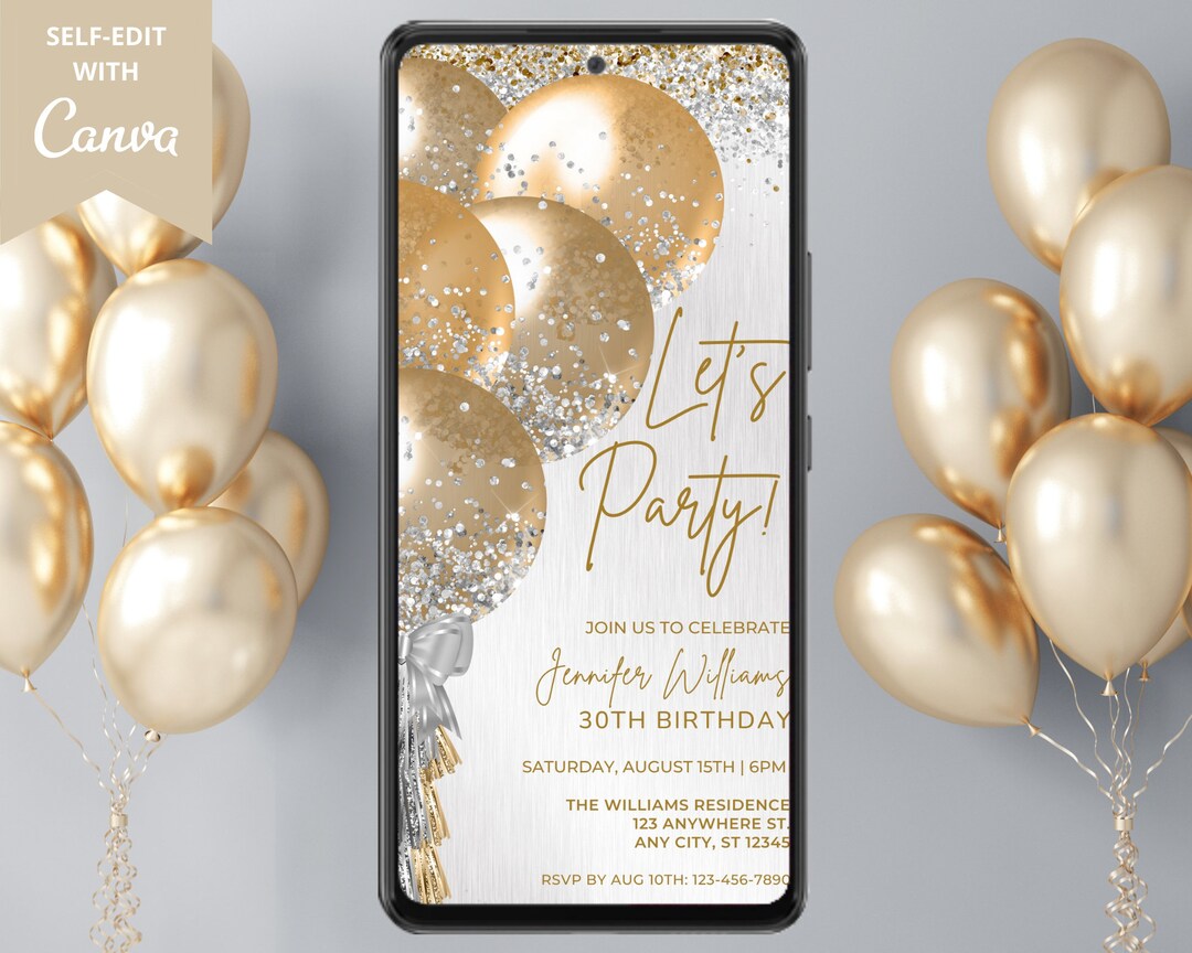 Digital Gold Silver Balloons Birthday Party Invitation, Electronic ...