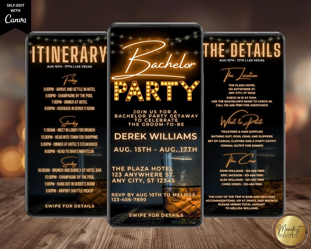 Digital Men's Whiskey Bachelor Party Weekend Invitation, 3 Day Travel ...