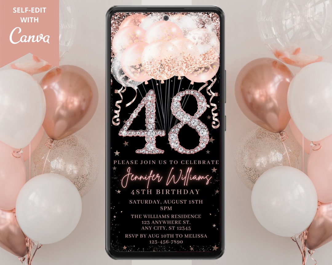 Digital 48th Birthday Pink Rose Gold Diamond Balloons Party Invitation ...