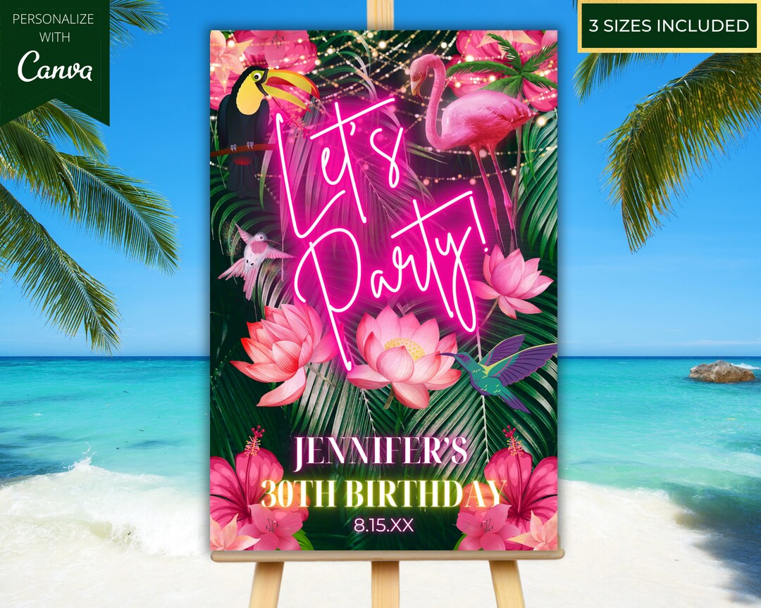 Editable Tropical Hawaiian Luau Birthday Let's Party Welcome Sign, Pink ...