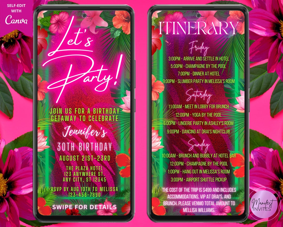 Digital Tropical Let's Party Birthday Weekend Getaway Trip Itinerary ...
