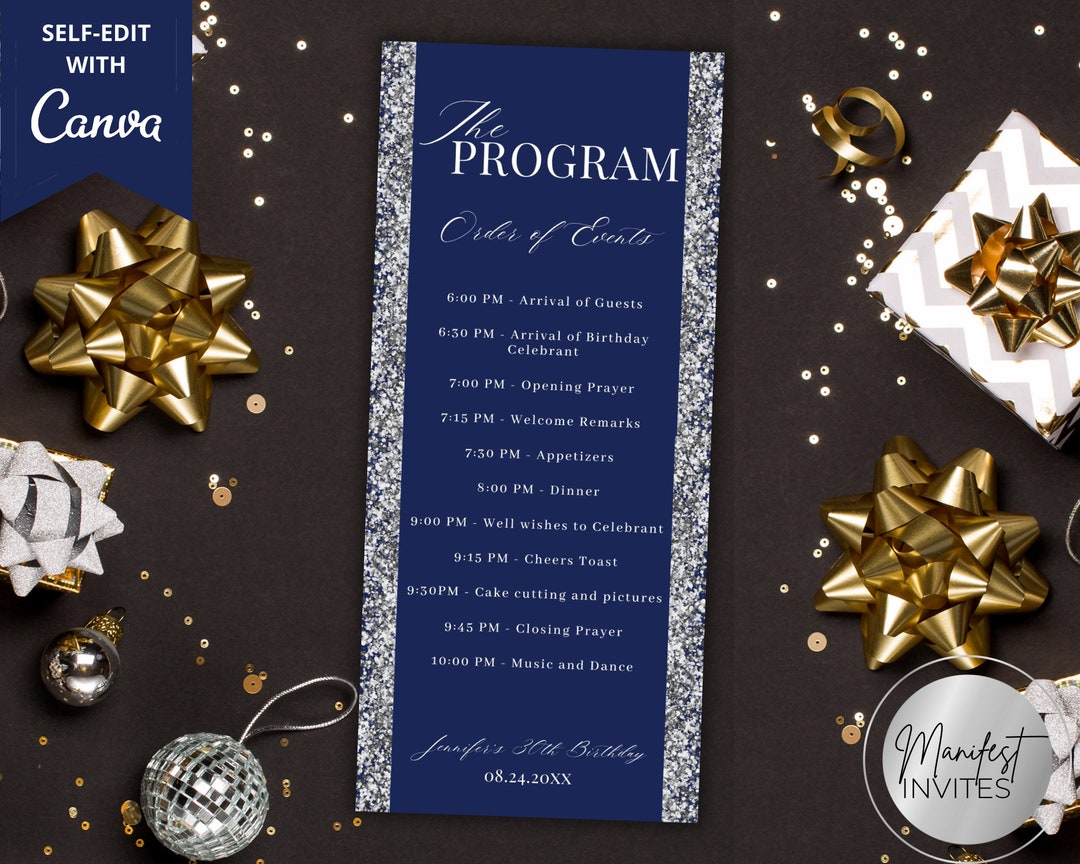 Editable Blue Silver Glitter Birthday Event Program Card Template ...