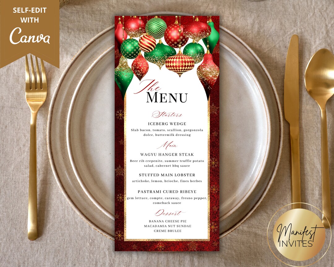 Editable Christmas Dinner Party Menu Card Template, Printable Holiday Menu, Festive Christmas ...