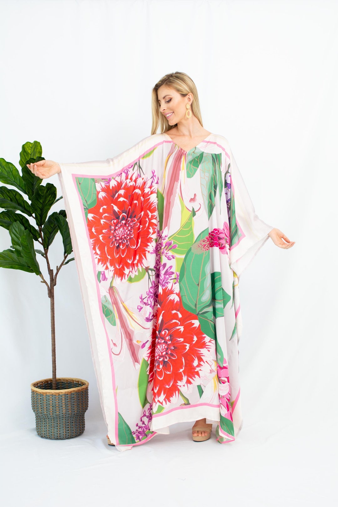 Dahlia Floral Kaftan Silk Pink Dress Pink Caftan for Woman - Etsy