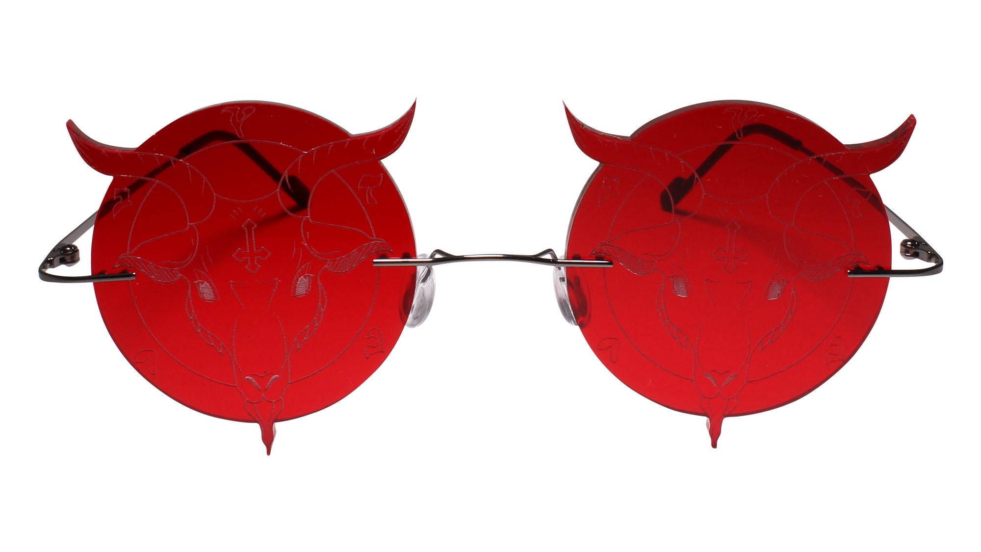 Mystical Baphomet Head Satanic Demon Goat Etched Round Red Sun Glasses ...