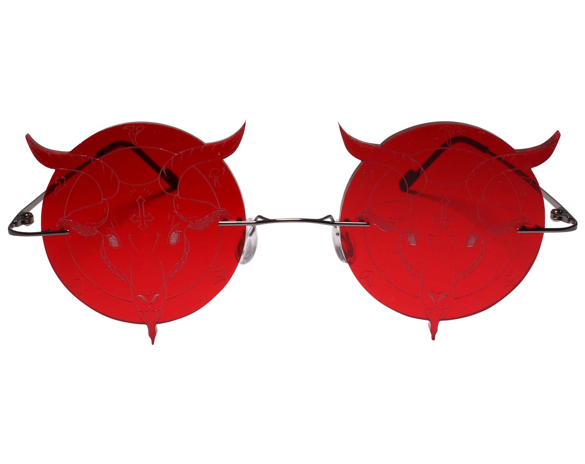 Mystical Baphomet Head Satanic Demon Goat Etched Round Red Sun Glasses ...
