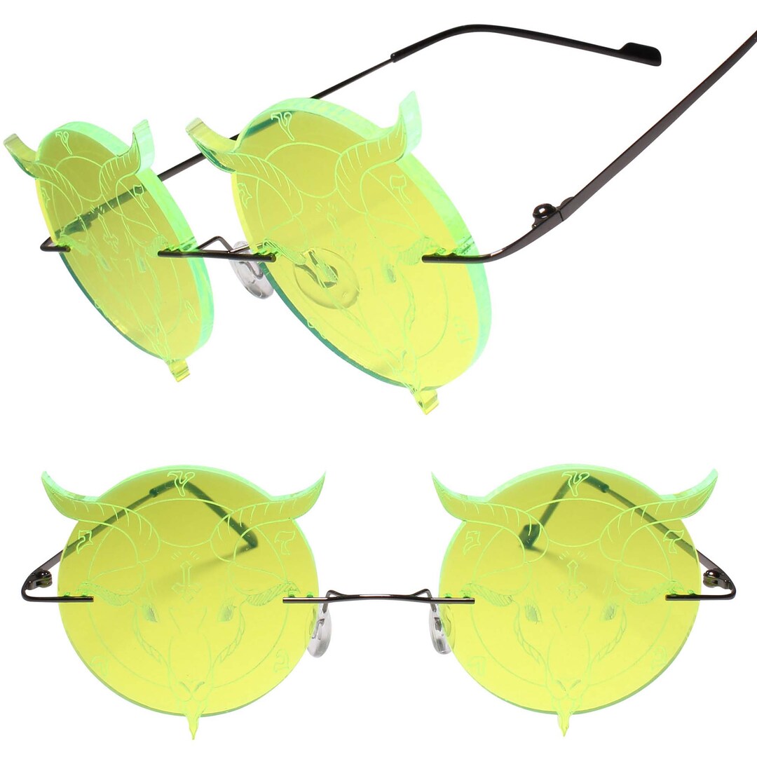 Mystical Baphomet Head Satanic Demon Goat Etched Round Neon Green Sun ...