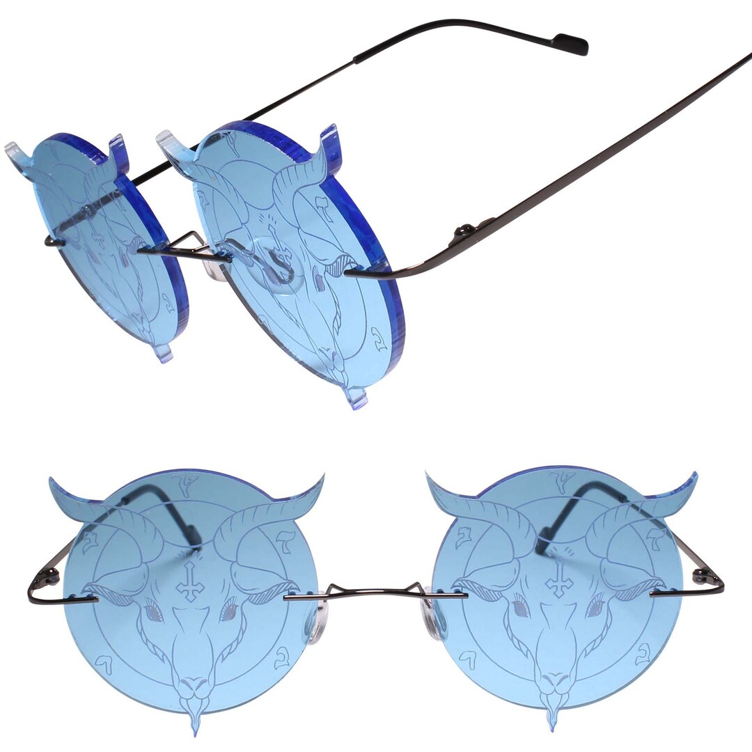 Mystical Baphomet Head Satanic Demon Goat Etched Round Blue Sun Glasses ...