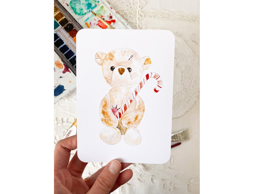 Oscar Watercolor Postcard Teddy Bear Card Kraft Envelope - Etsy