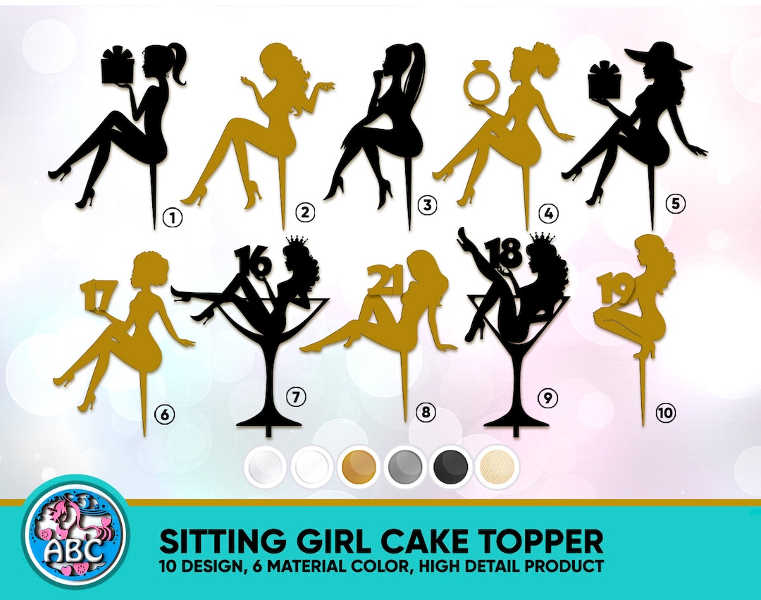 Sitting Girl Cake Topper, Sitting Lady Silhouette Cake Topper, Topper ...