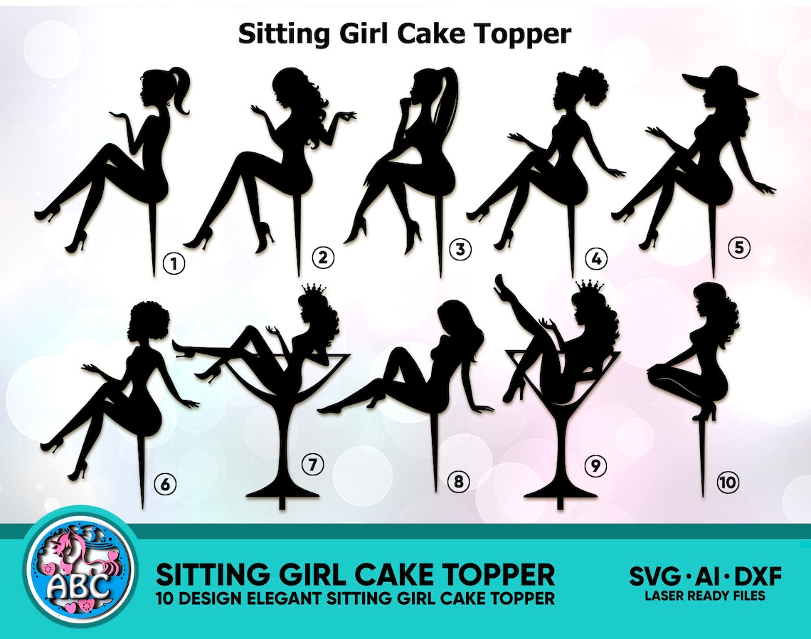Sitting Girl Cake Topper, Sitting Lady Silhouette Cake Topper SVG ...
