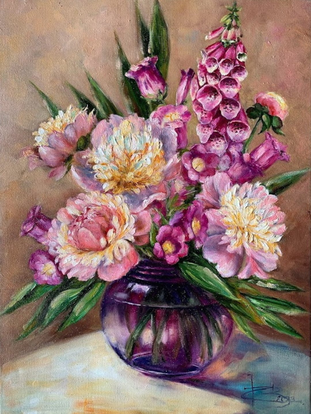 Peonies Flowers Art Pink Peony Peonies Oil Painting Bluebell Canvas ...