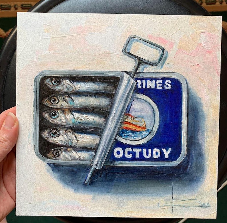 Sardine Art: Original Oil Painting Still Life - 8x8 French Kitchen ...