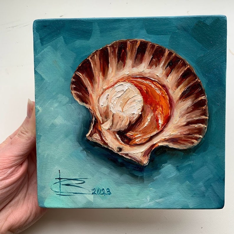 Scallop Shell, Sea Scallop, Small Oil Painting on Canvas, Oysters, Oil ...
