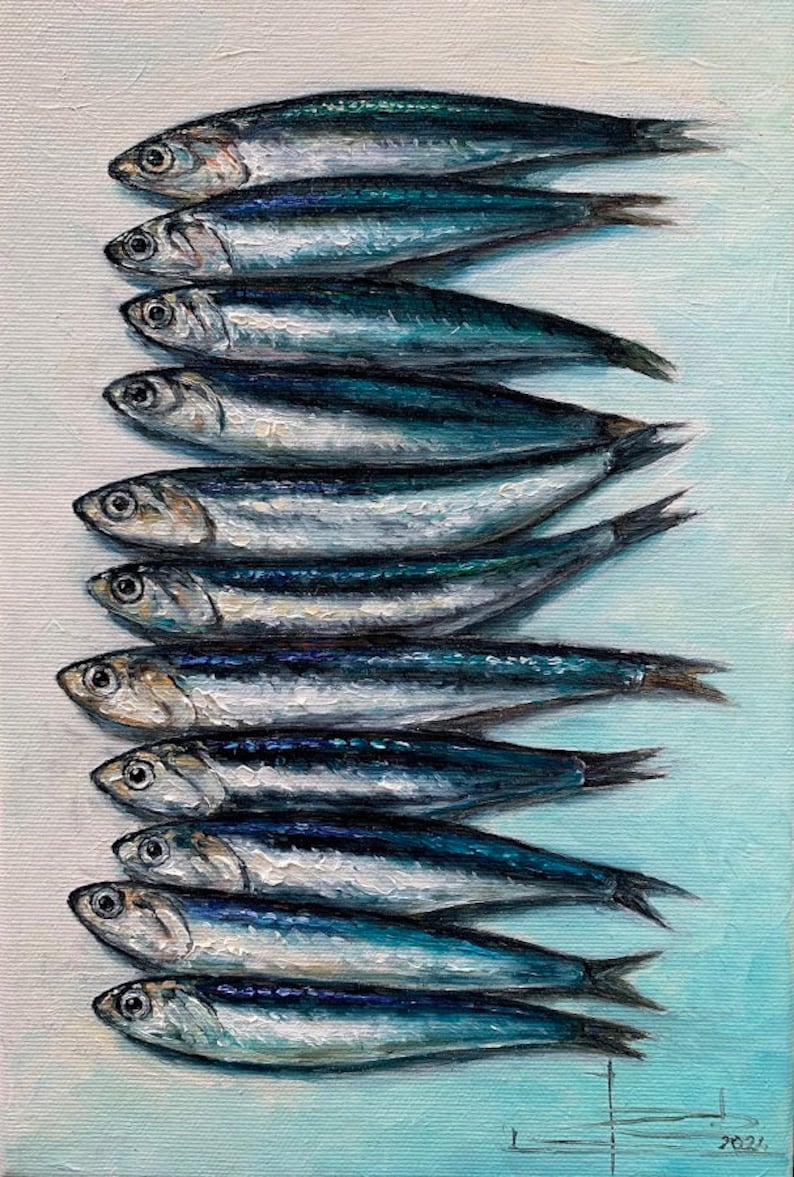 Original Sardine Oil Painting: Seafood Still Life Kitchen Art (8x12 ...