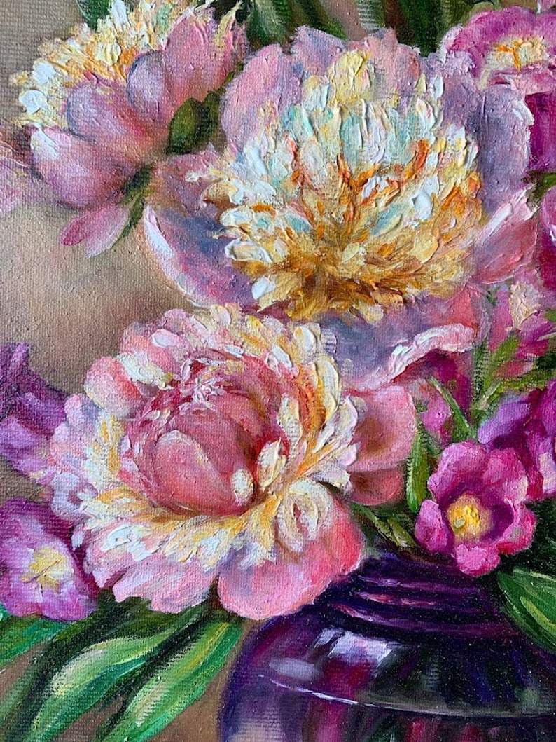 Peonies Flowers Art Pink Peony Peonies Oil Painting Bluebell Canvas ...
