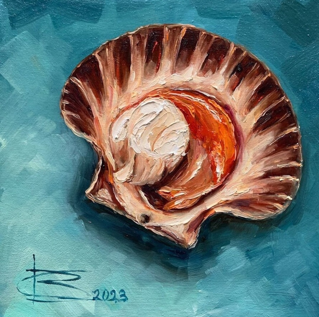 Scallop Shell, Sea Scallop, Small Oil Painting on Canvas, Oysters, Oil ...