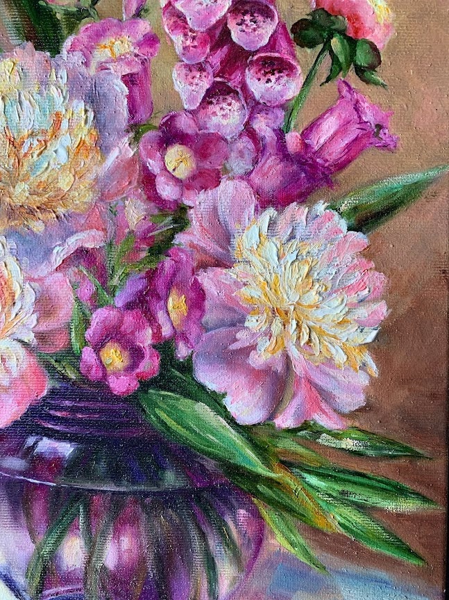 Peonies Flowers Art Pink Peony Peonies Oil Painting Bluebell Canvas ...