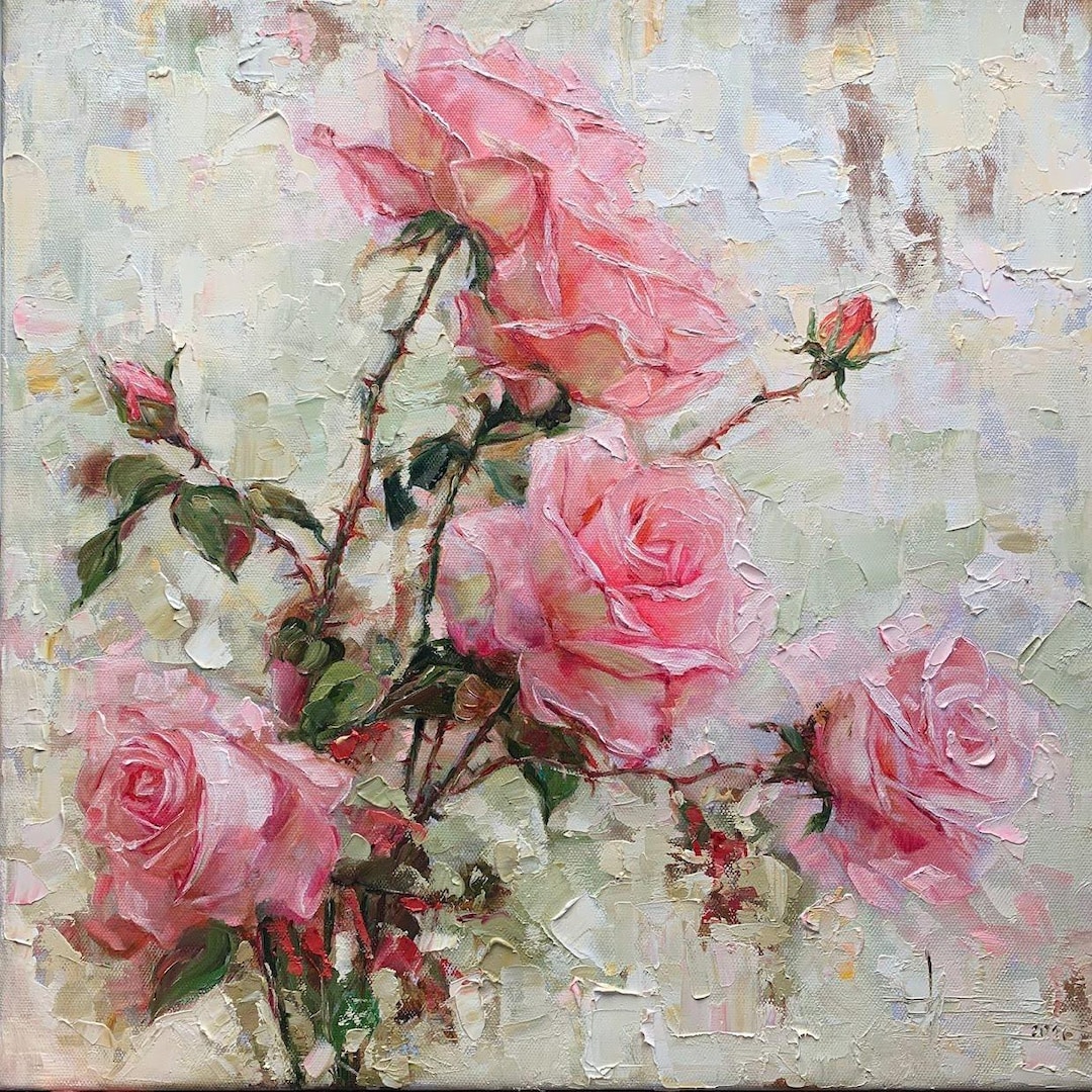 Roses Flowers Oil Painting Original Canvas Art, Impasto Painting Red ...