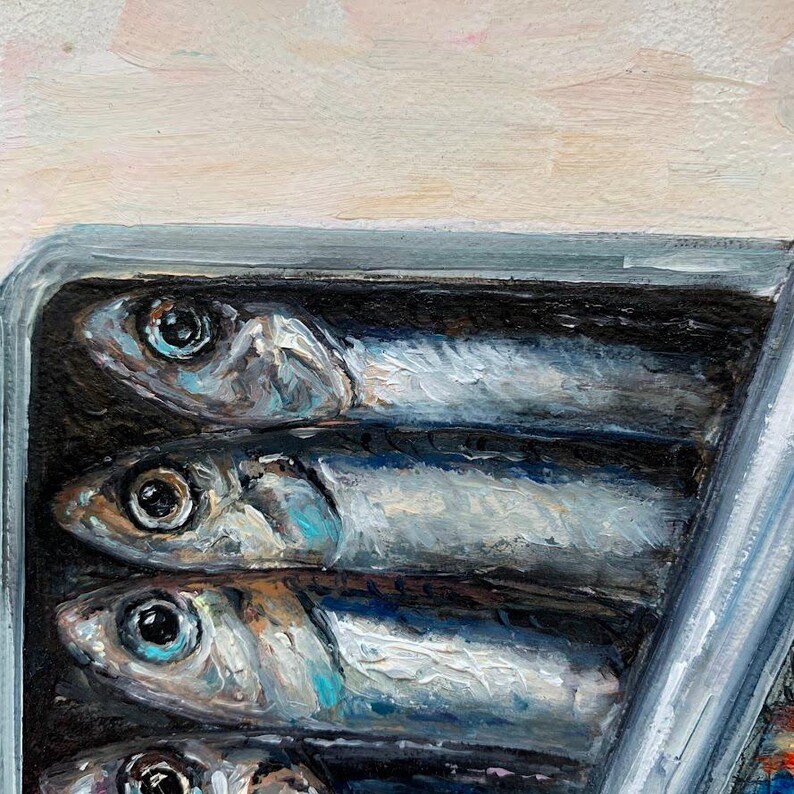 Sardine Art: Original Oil Painting Still Life - 8x8 French Kitchen ...
