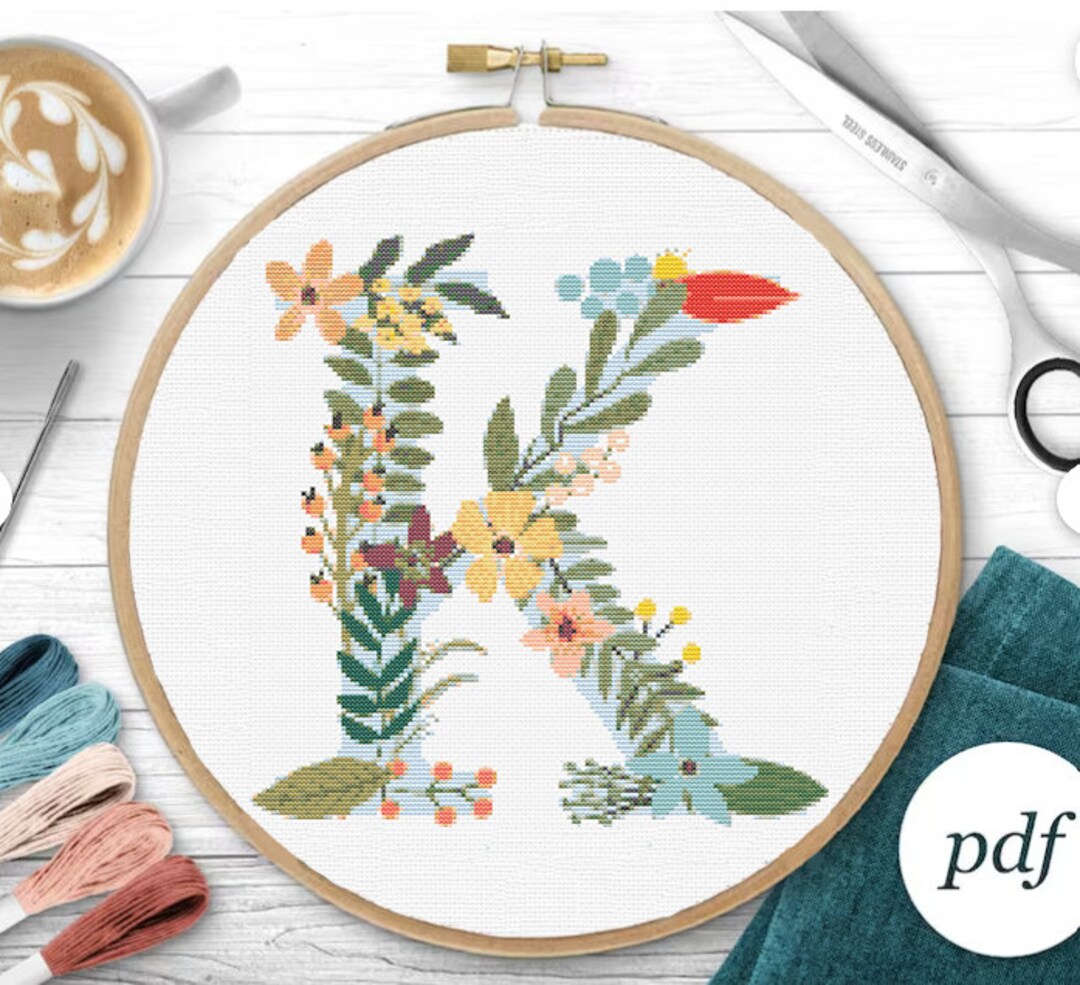Cross Stitch Floral Alphabet Pattern, Cross Stitch Flower Letter K ...