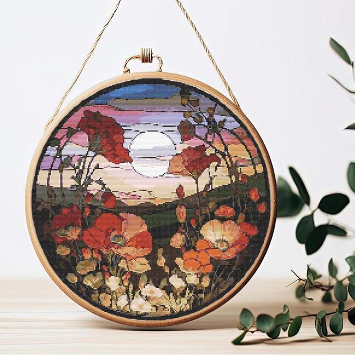 Stained Glass Cross Stitch Pattern Poppies Flowers Embroidery Design ...