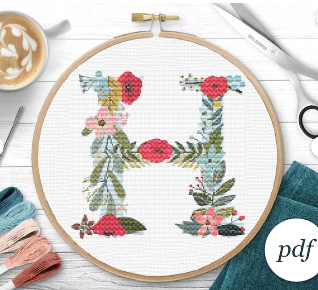 Cross Stitch Floral Alphabet, Cross Stitch Pattern, Letter H ...