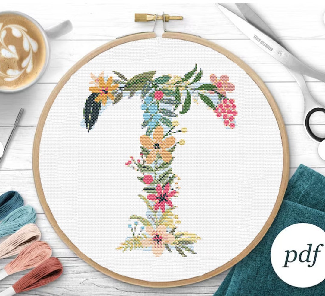 Cross Stitch Pattern Floral Alphabet Embroidery Letter T Cross Stitch ...