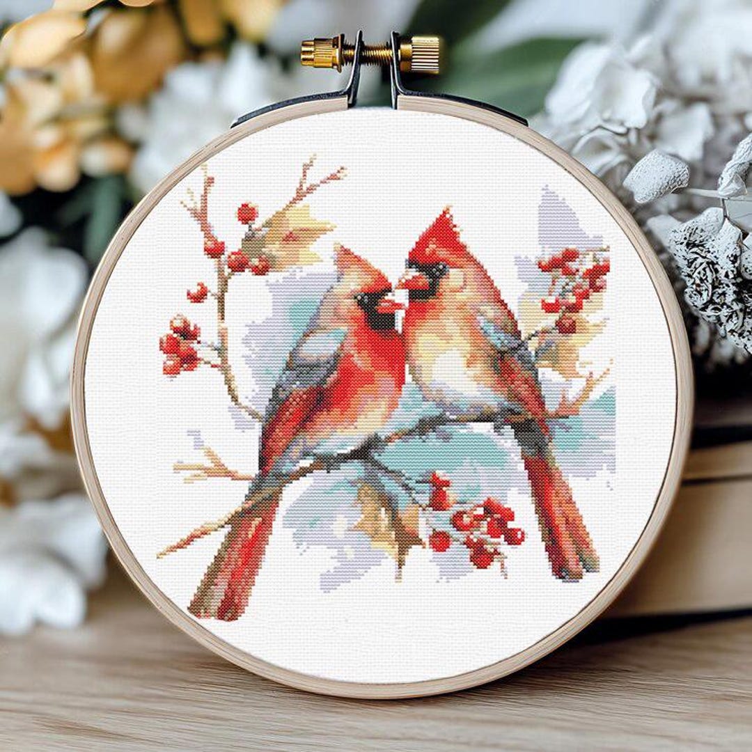 Cardinals Cross Stitch Pattern – Winter Birds Embroidery PDF, Red ...