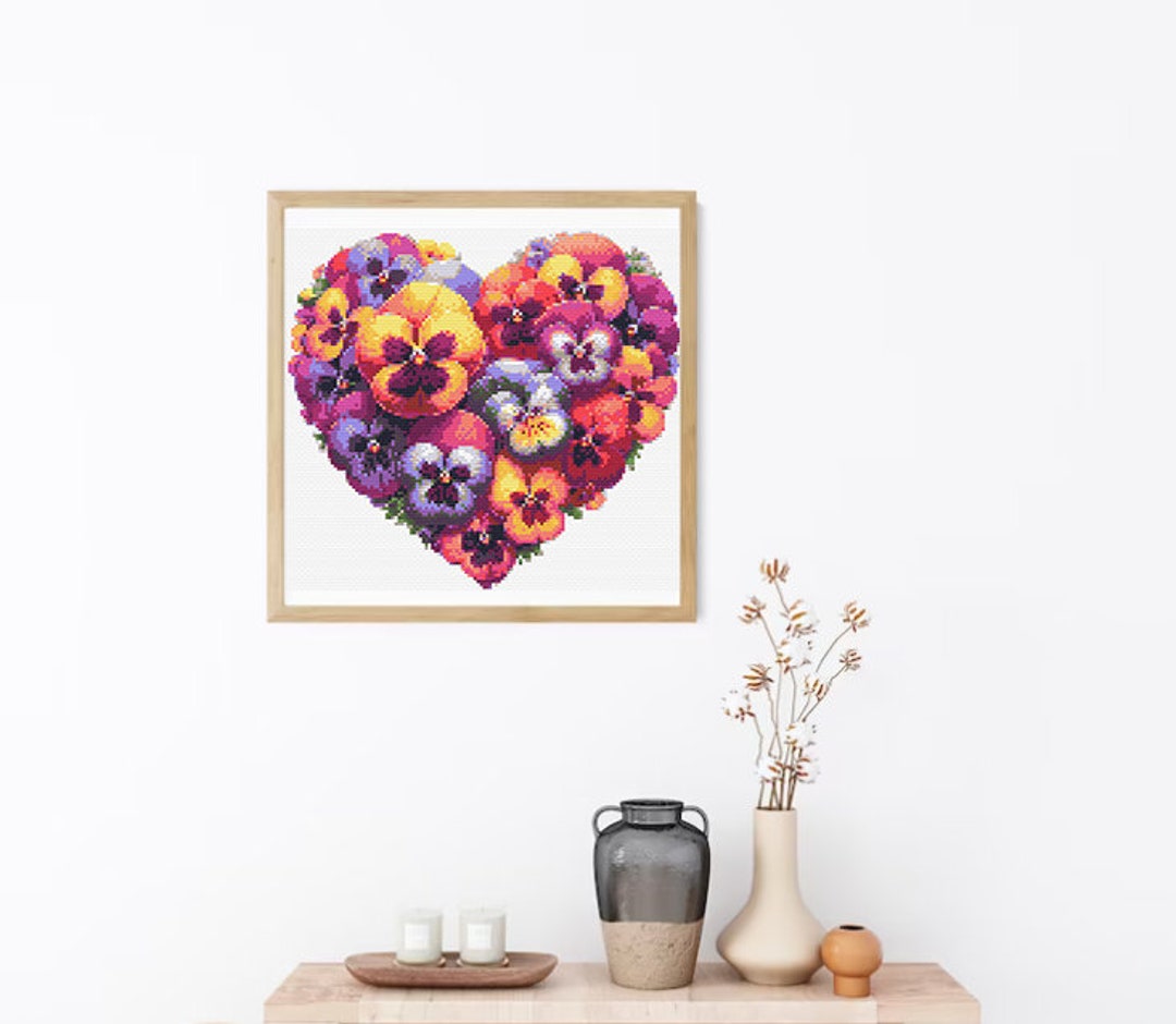 Cross Stitch Pattern Pansies in Heart Embroidery Flowers Designs Wall ...