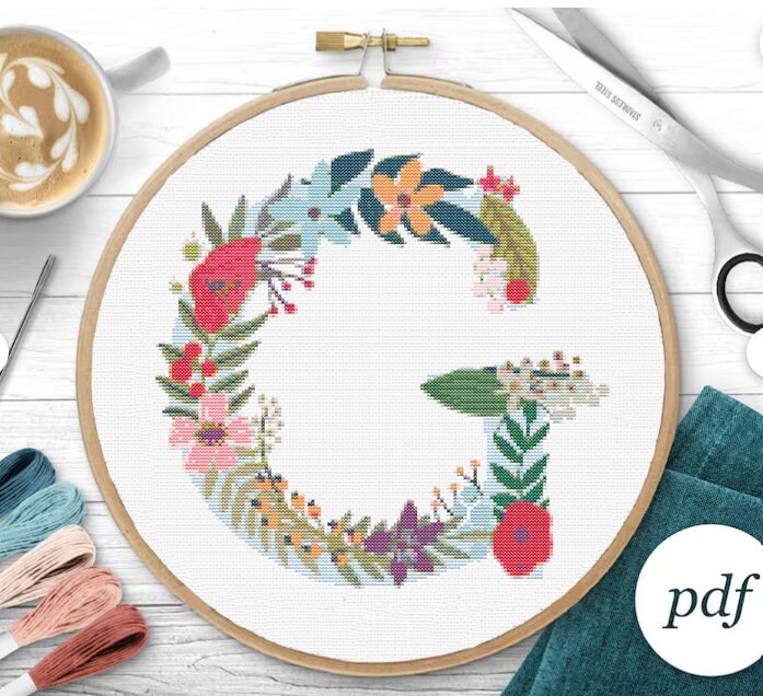 Floral Alphabet Pattern, Cross Stitch Letter G Embroidery Monogram ...
