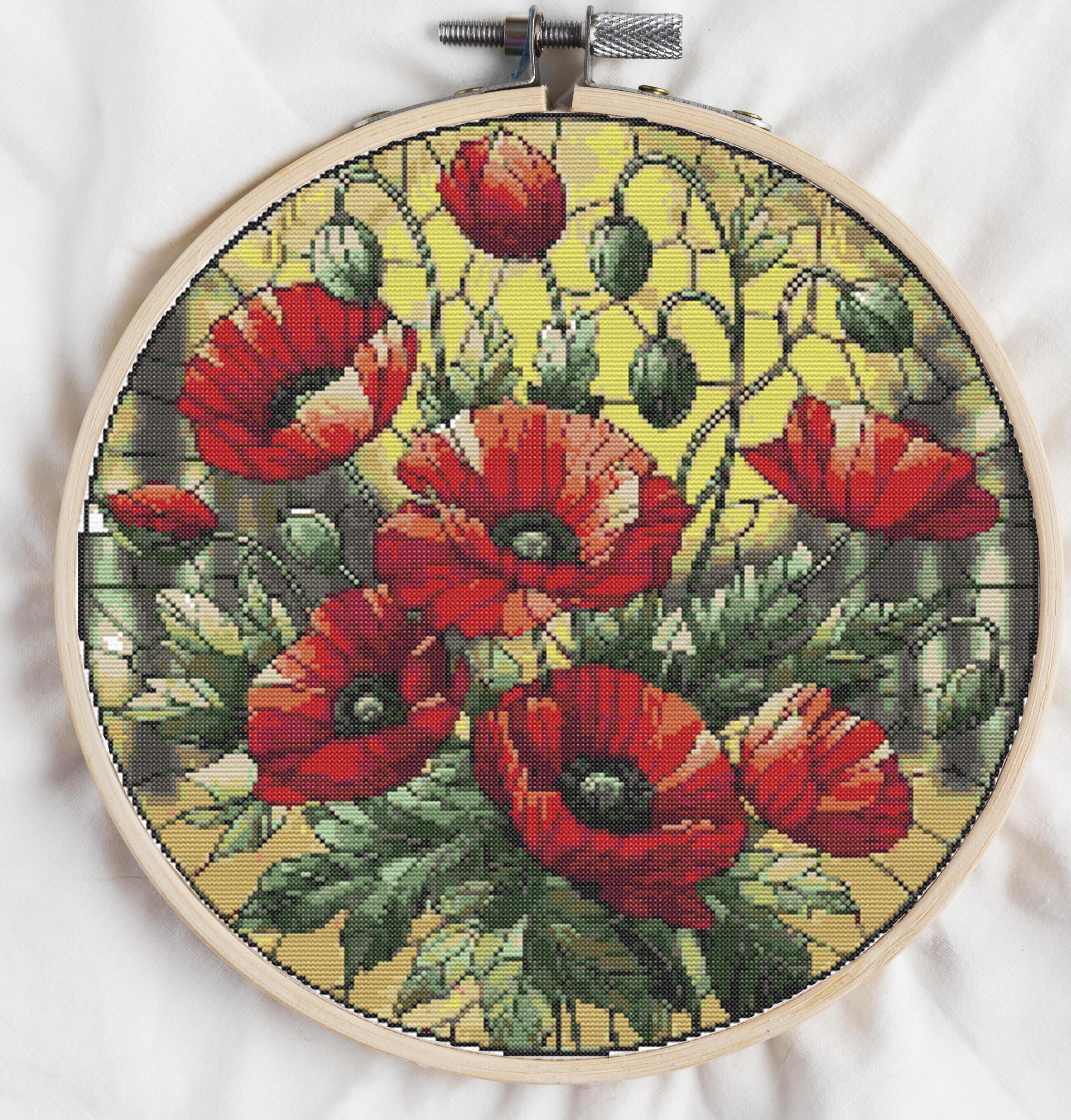 Stained Glass Cross Stitch Pattern Poppies Flowers Embroidery Design ...