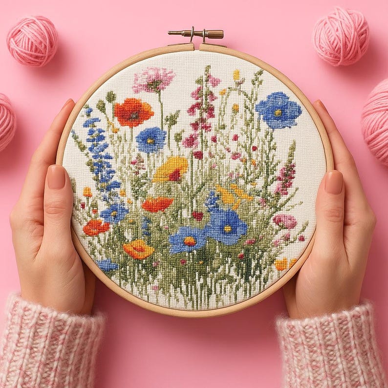 Wildflowers Cross Stitch Kit – Colorful Meadow Embroidery Set With ...