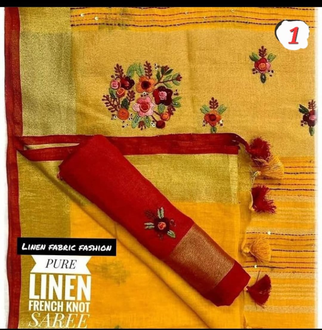 Linen Pure Linen Hand Embroidery Saree With Blouse Piece Handloom Sari ...