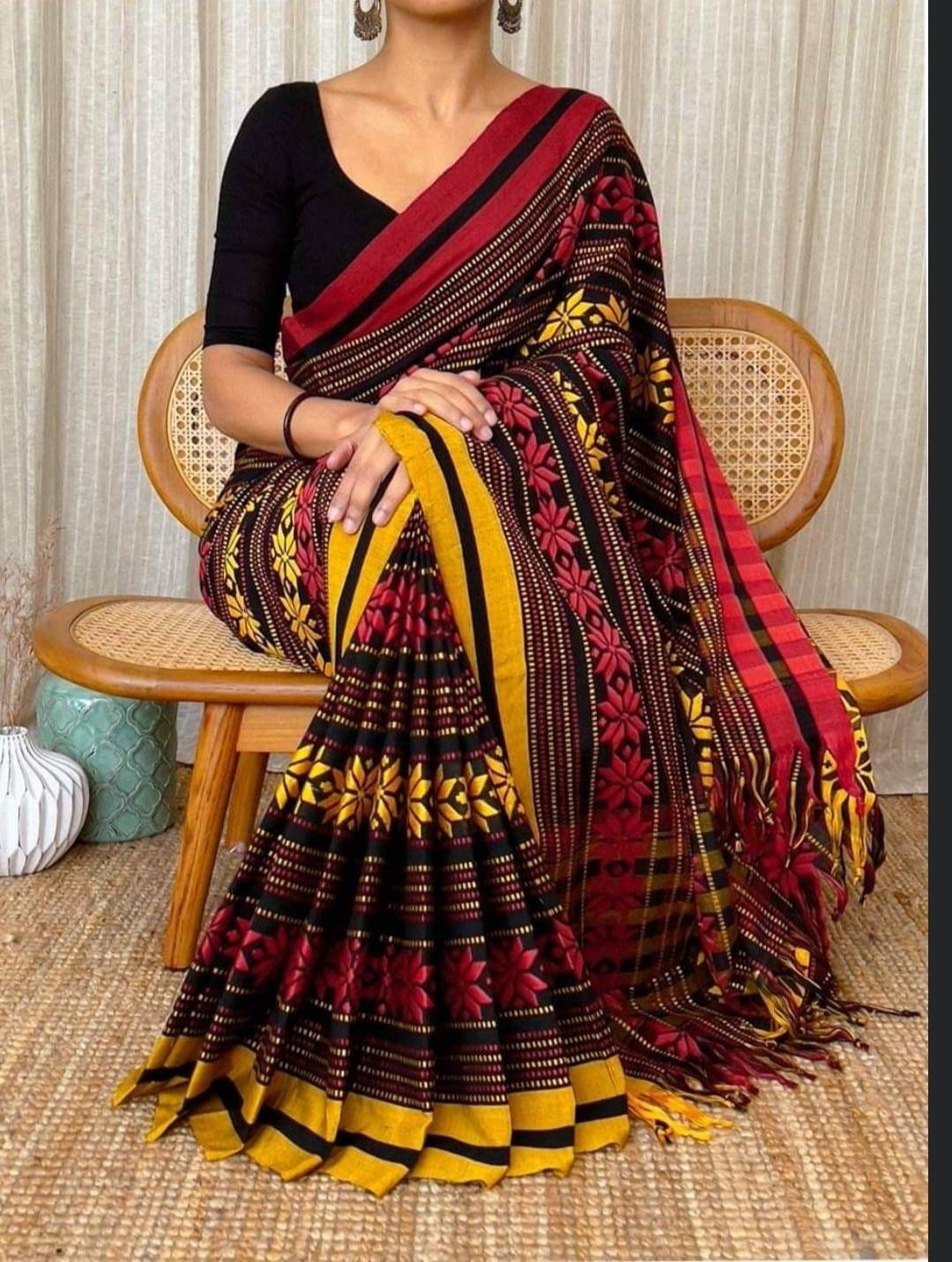 Sari tejido a mano de puro algodón khadi con sari de telar - Etsy España