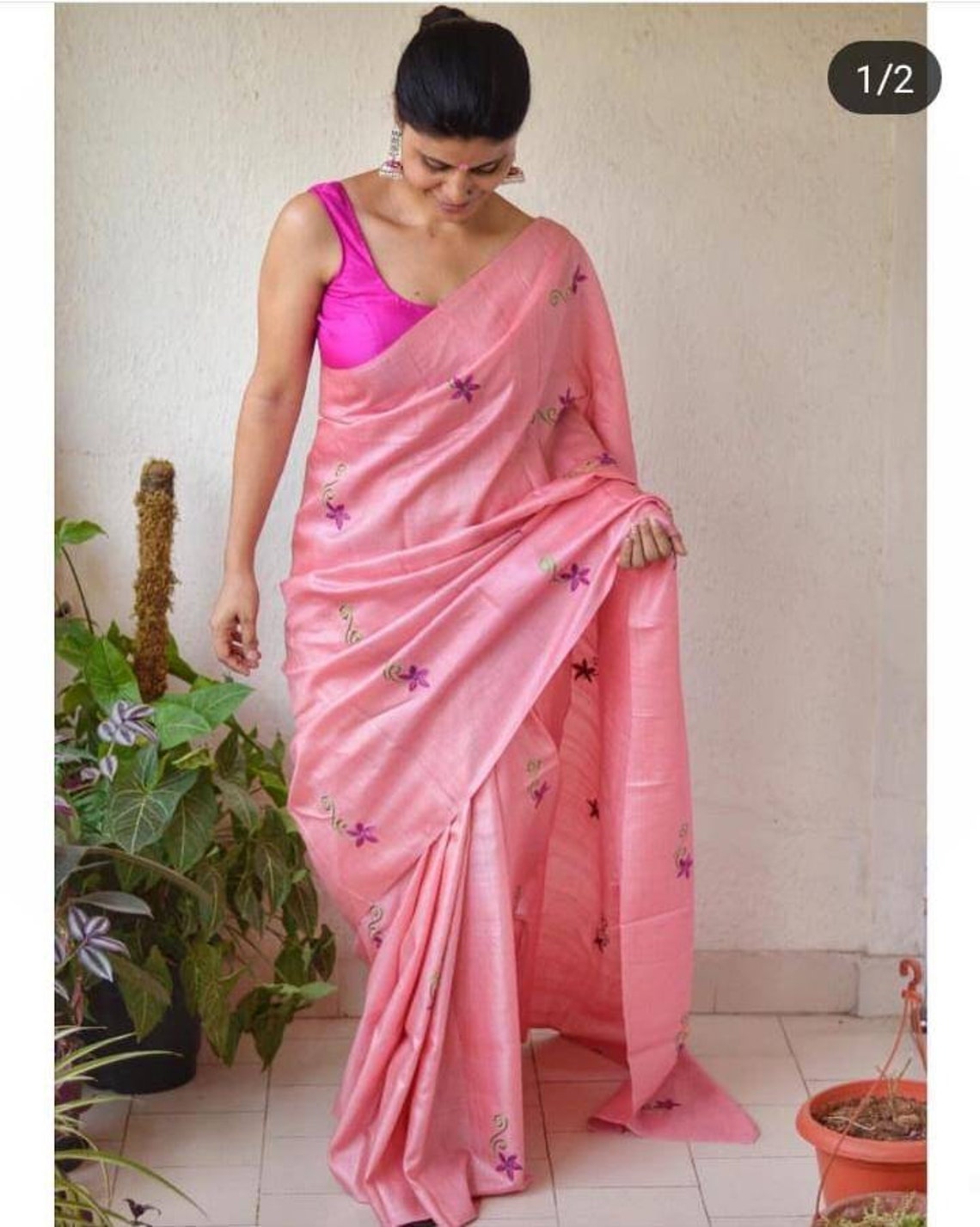 100%pure Tussar Ghicha Silk With Embroidery With Blouse Piece Handloom ...