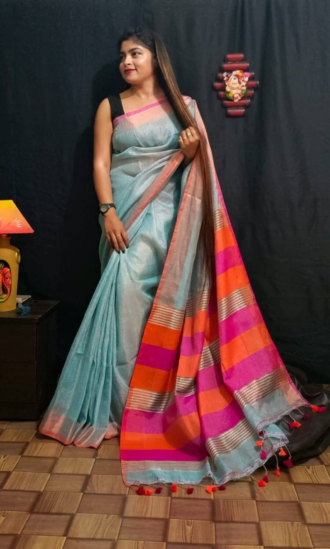 Linen Pure Tissue Linen Saree With Blouse Piece Handloom Sari - Etsy