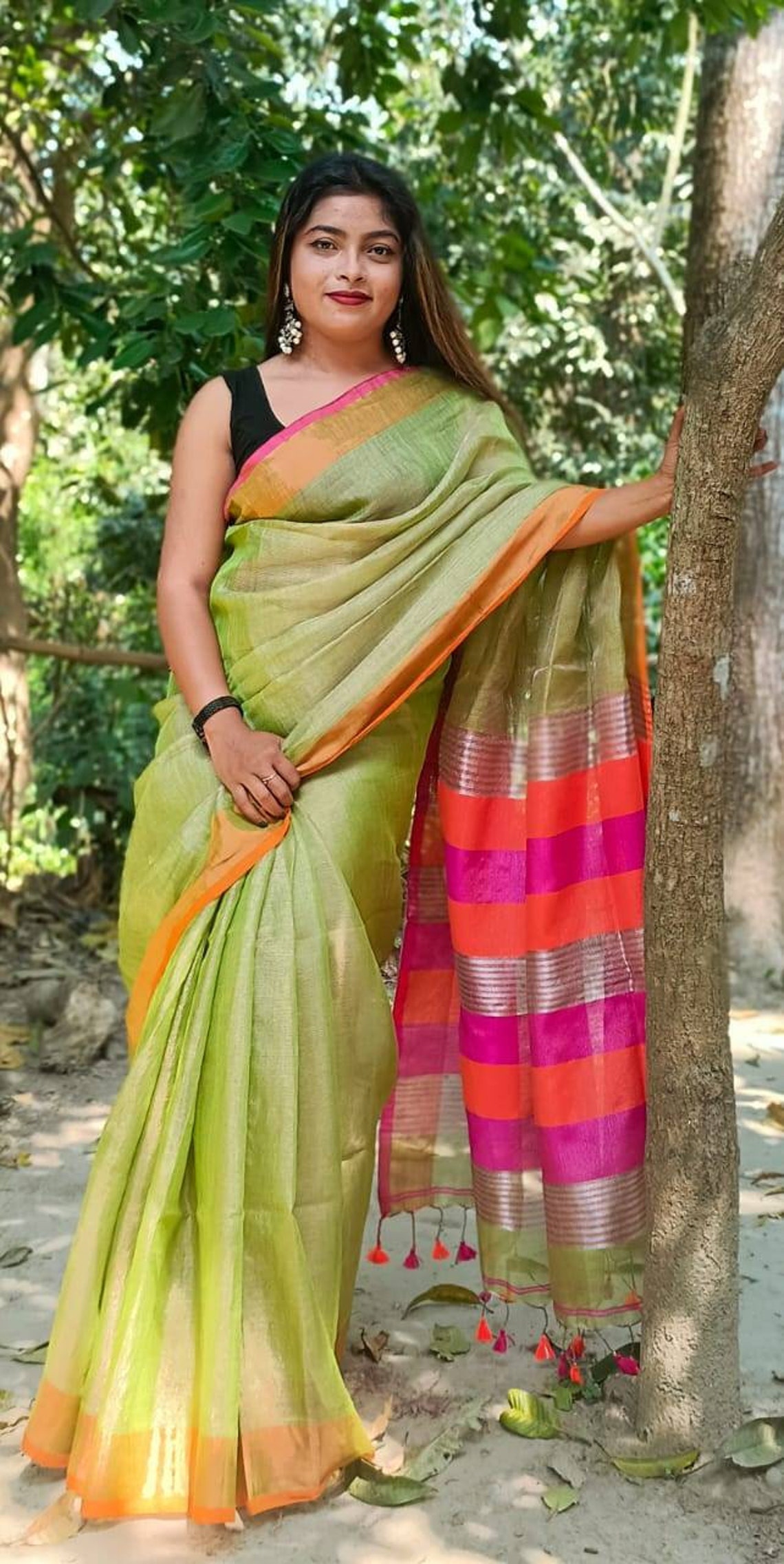 Linen Pure Tissue Linen Saree With Blouse Piece Handloom Sari - Etsy