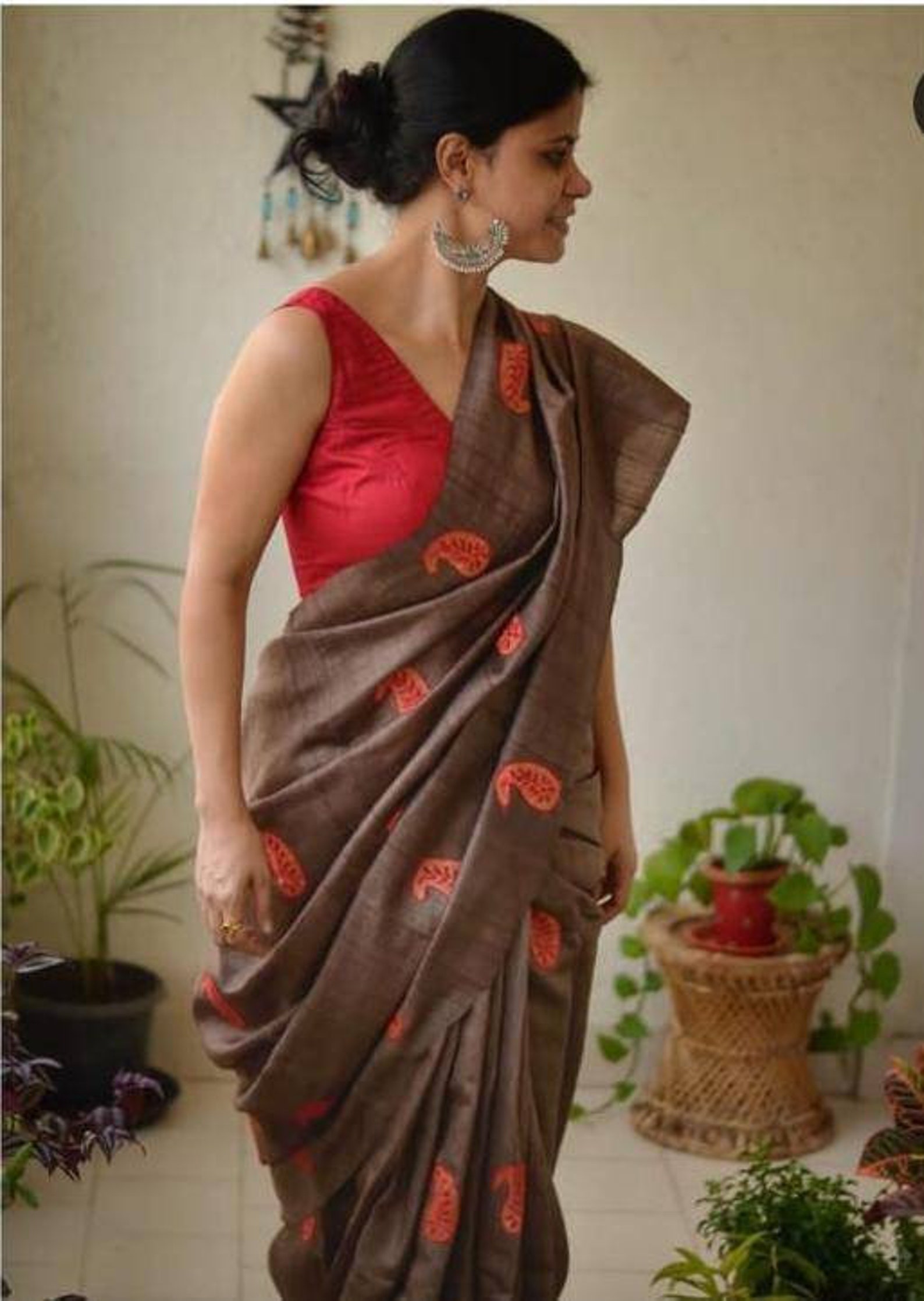 100%pure Tussar Ghicha Silk With Embroidery With Blouse Piece Handloom ...
