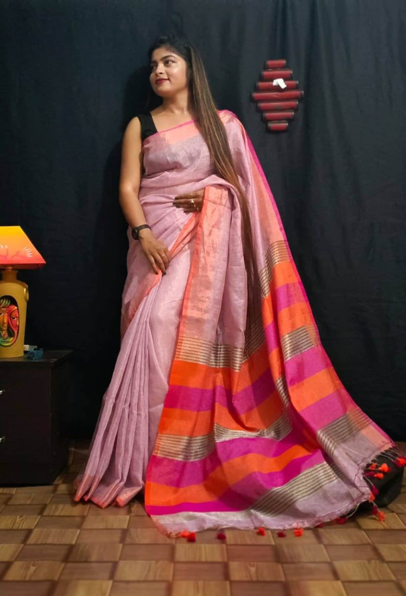 Linen Pure Tissue Linen Saree With Blouse Piece Handloom Sari - Etsy